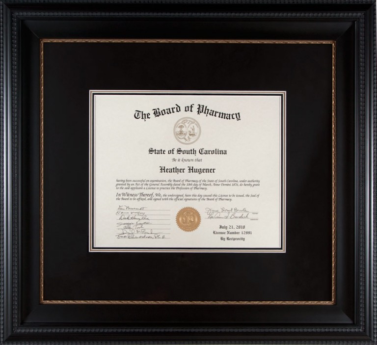 South Carolina Board Of Pharmacy Certificate Frame - Framed Guidons*